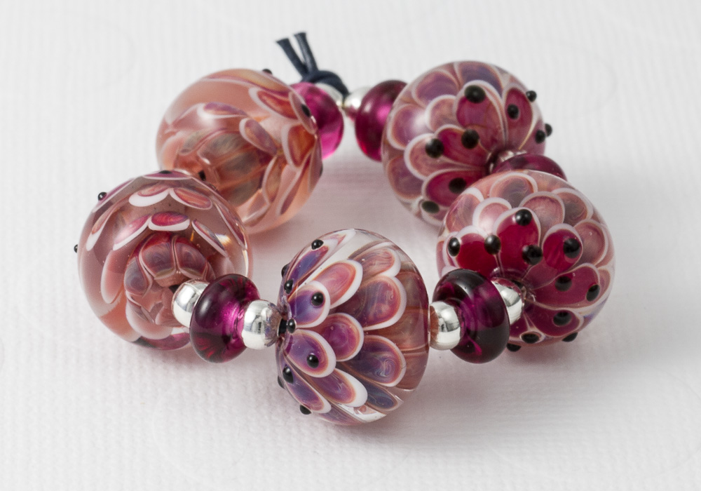 Pink Silver Glass Lampwork Dahlia Beads by Ciel Creations